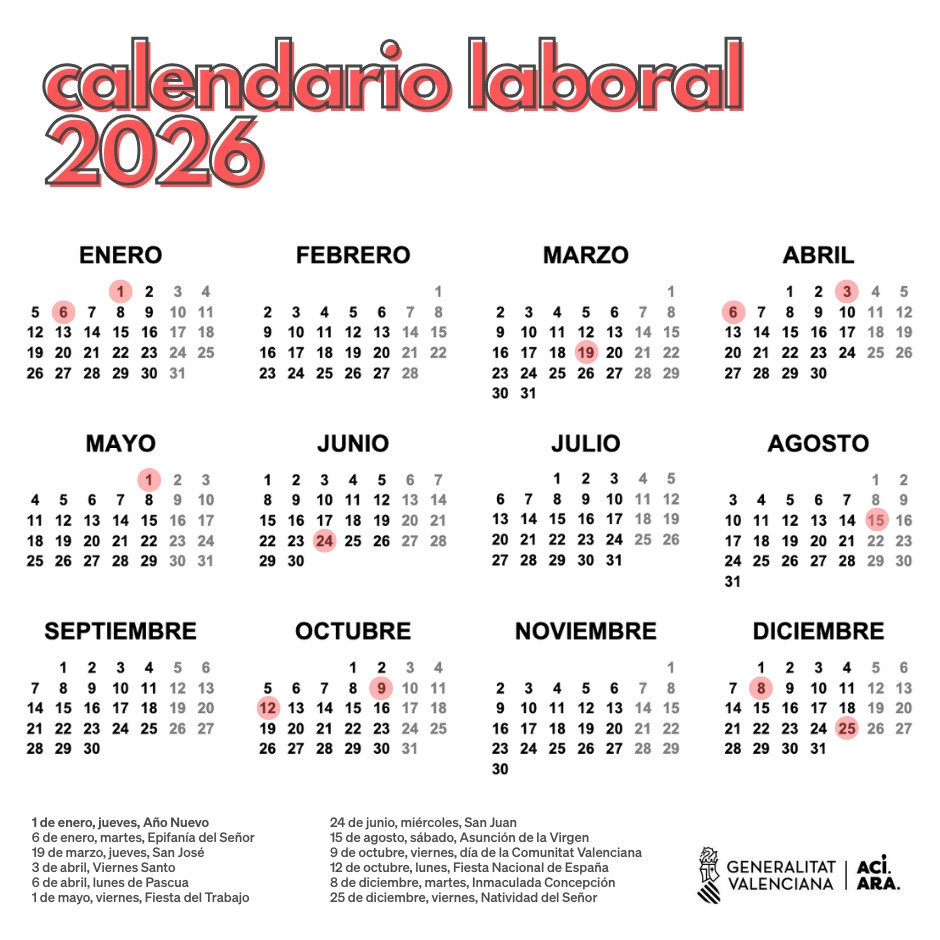 Así queda el calendario laboral 2026 en la Comunitat Valenciana: la Generalitat Valenciana ...